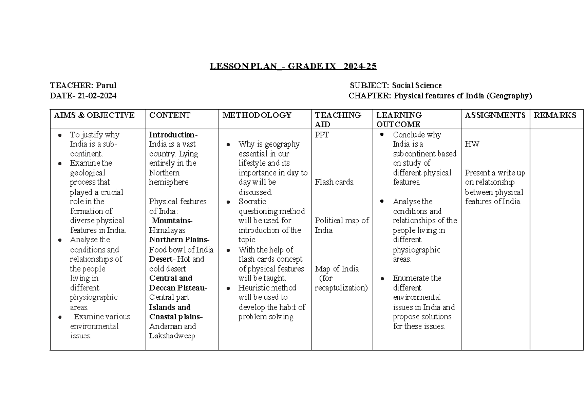 GUrukul lesson plan - LESSON PLAN_- GRADE IX 2024- TEACHER: Parul ...