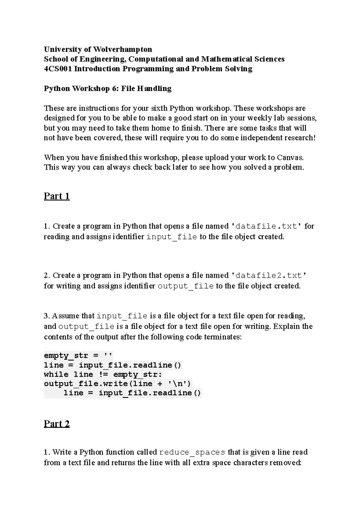 4CS001 Workshop 6 - Hh - University of Wolverhampton School of Engineering, Computational and ...
