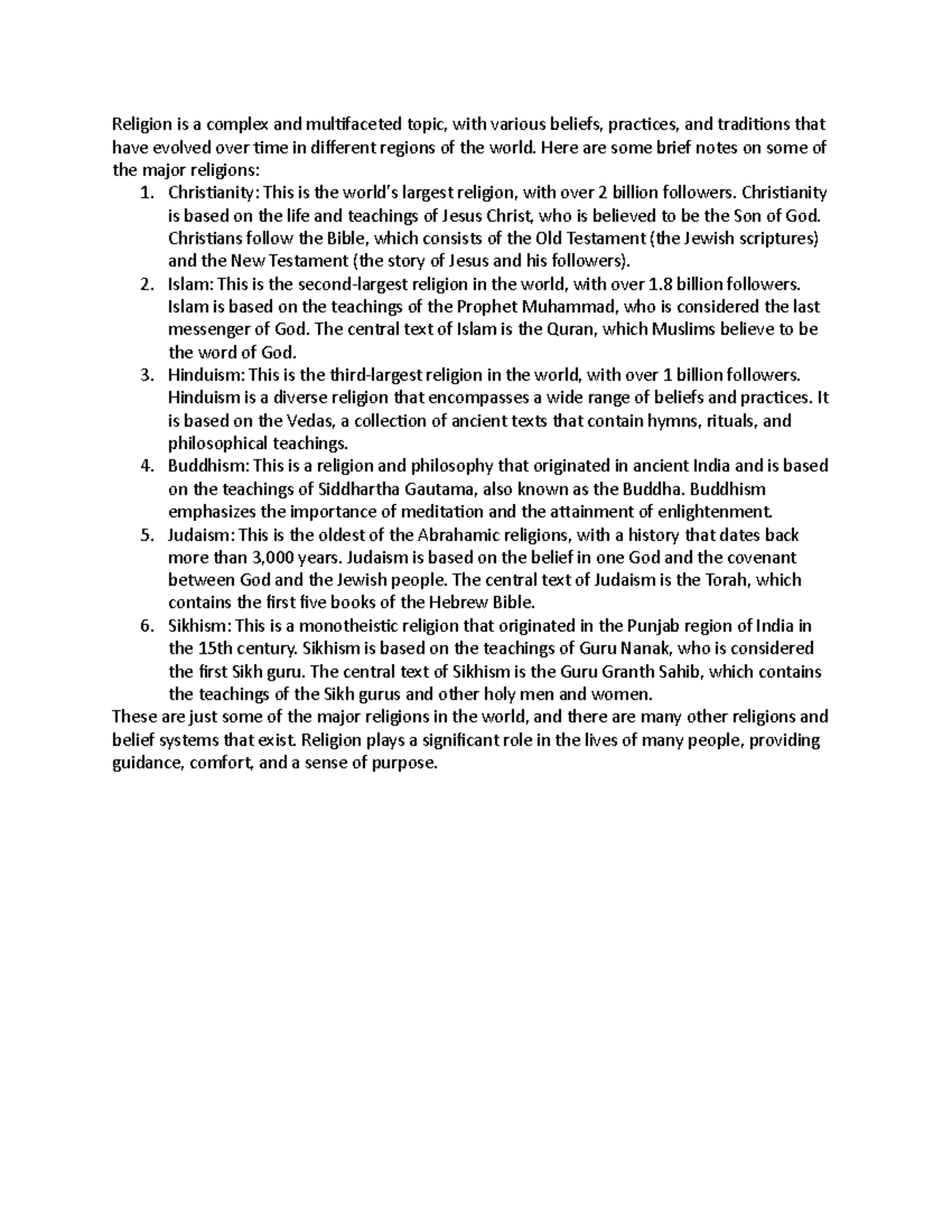 Notes on major religions - Religion is a complex and multifaceted topic ...