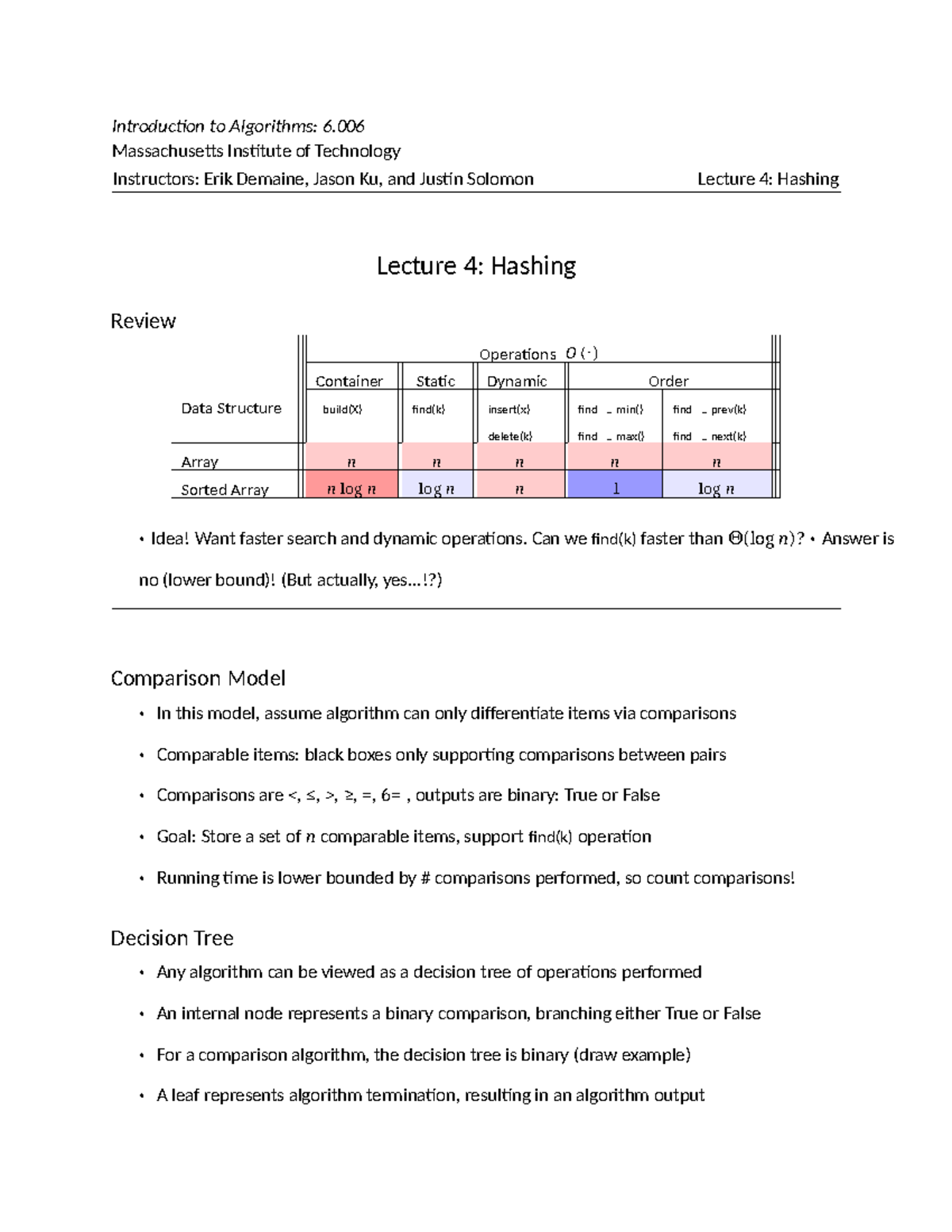 Lecture 4 - Hashing - Introduction to Algorithms: 6. Massachusetts Institute of Technology - Studocu