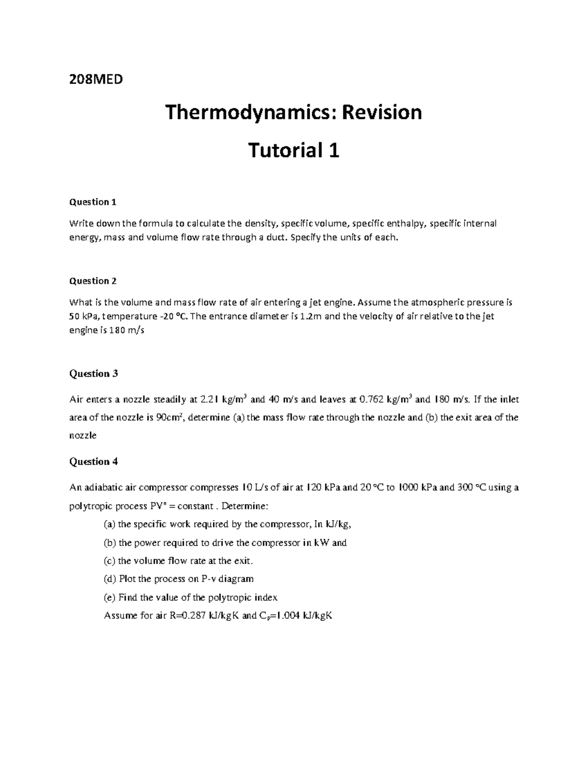 Tutrorial 1 - thermodynamics tutorial week 1 - 208MED Thermodynamics ...