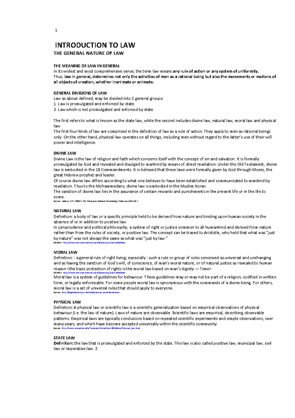 Introduction to MT Laws - 1 INTRODUCTION TO LAW THE GENERAL NATURE OF LAW THE MEANING OF LAW IN ...