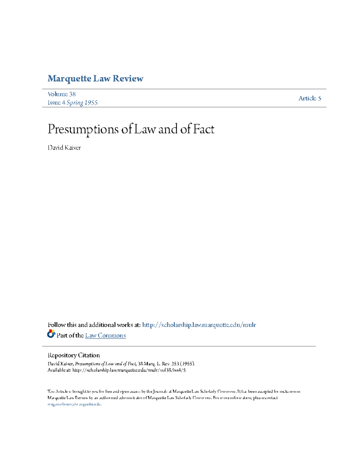 Presumptions of Law and of Fact - Marquette Law Review Volume 38 Issue ...