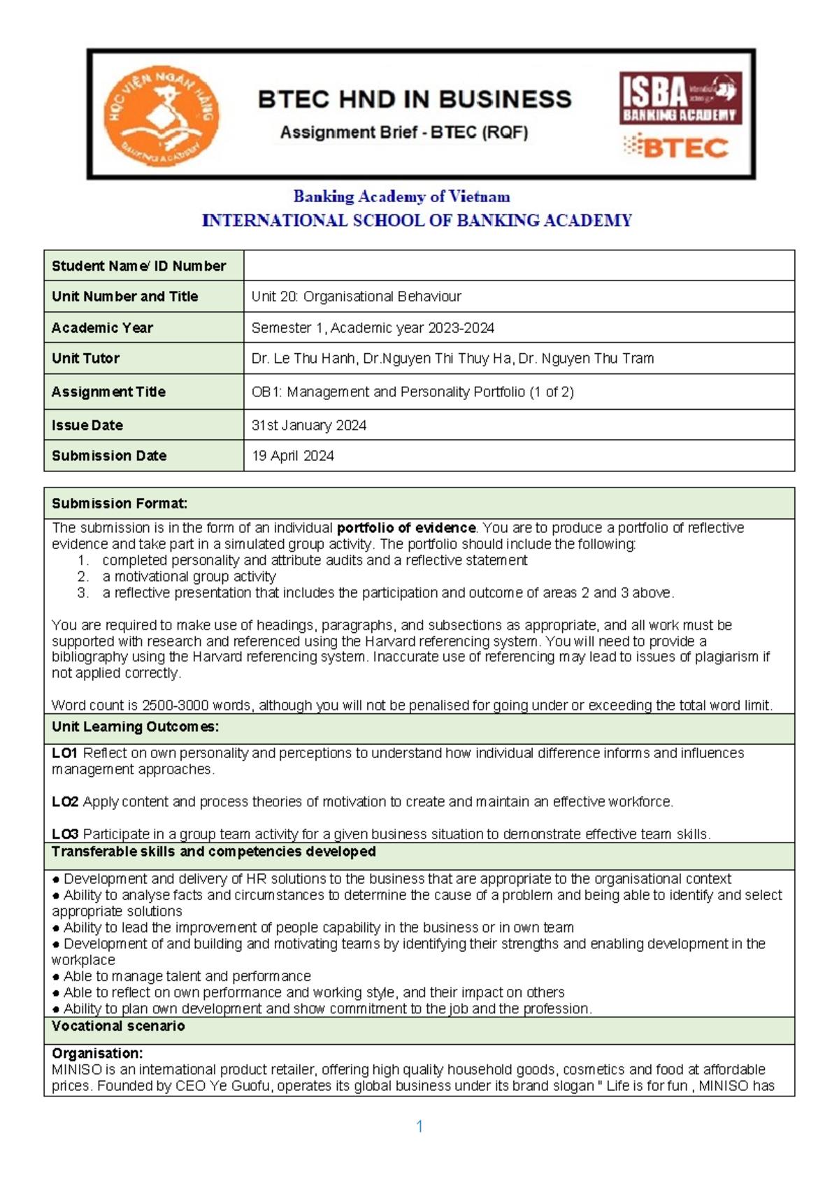 OB A1 - Student Name/ ID Number Unit Number and Title Unit 20: Organisational Behaviour Academic ...