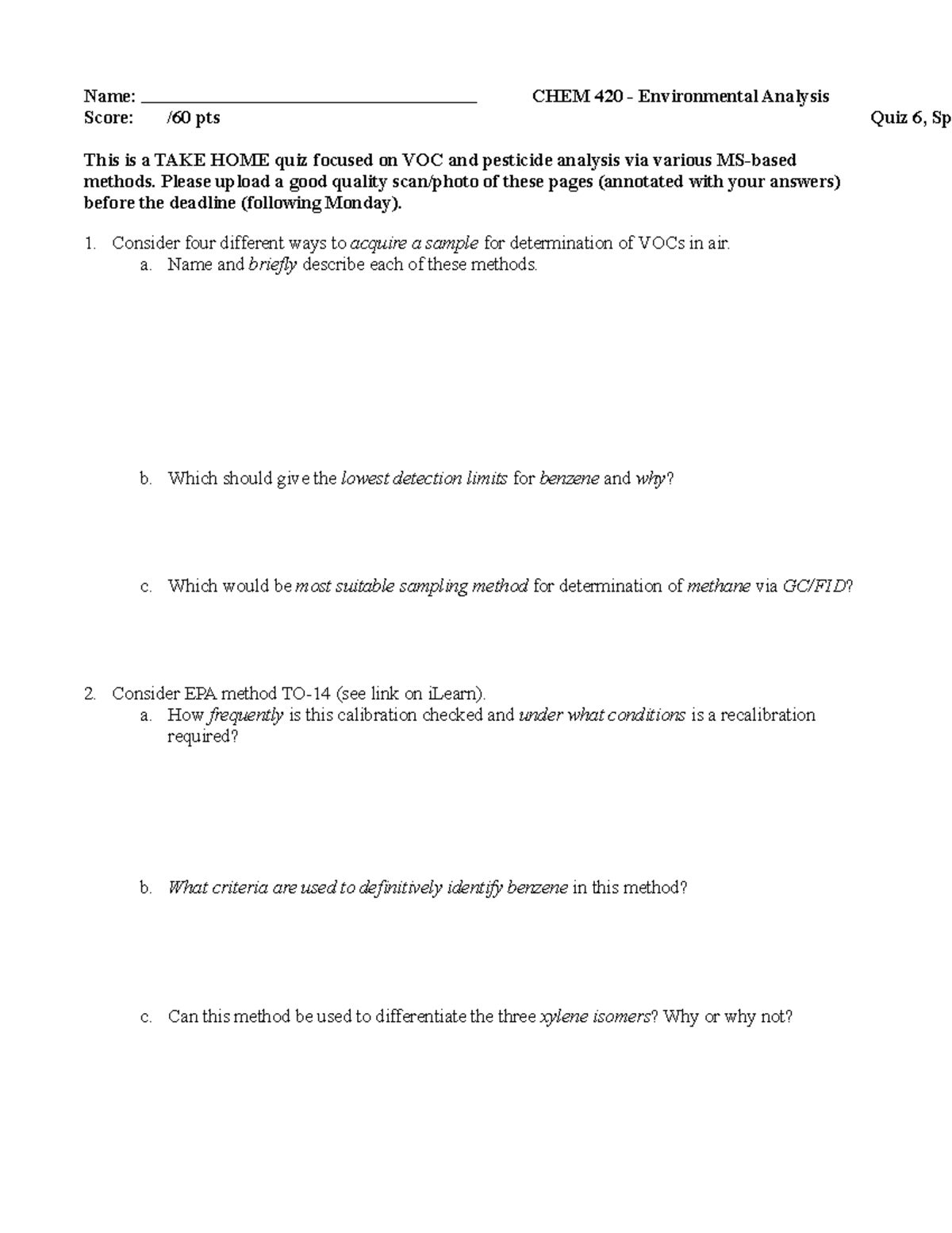 Quiz6 23S applications - Name: CHEM 420 - Environmental Analysis Score: /60 pts Quiz 6, Sp This ...