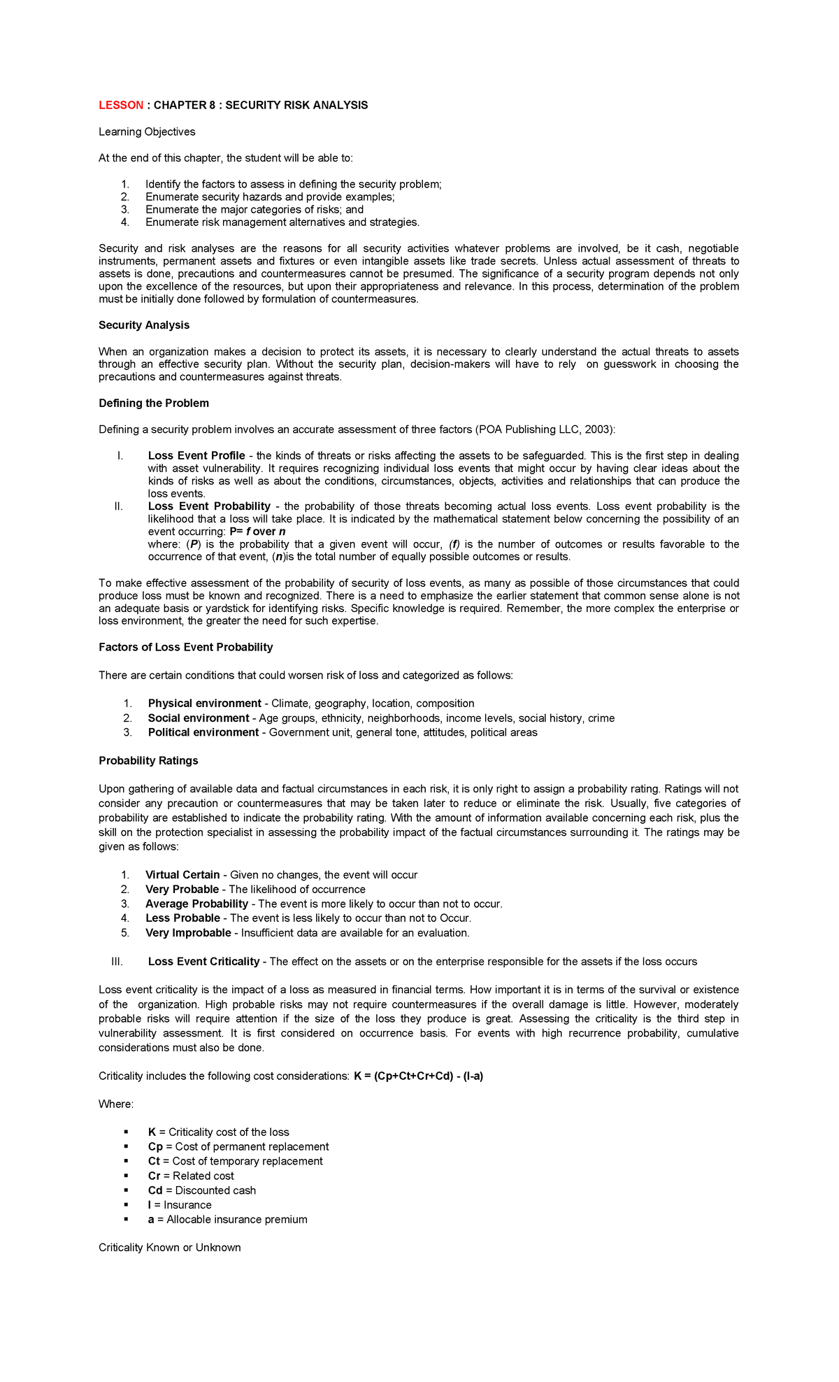 LEA 3 - Chapter 8-10 - LESSON : CHAPTER 8 : SECURITY RISK ANALYSIS Learning Objectives At the ...