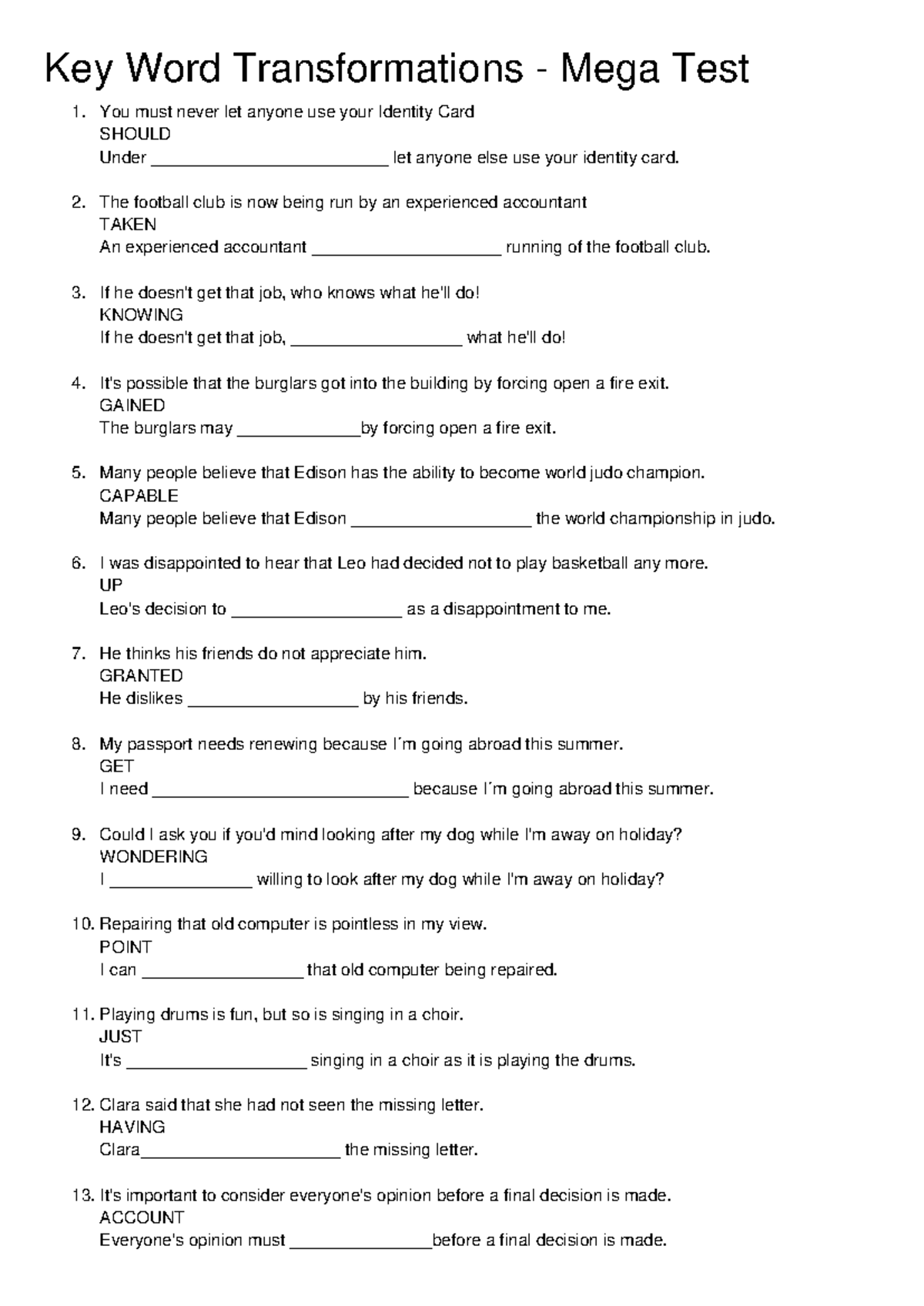Key Word Transformations Mega Test - Key Word Transformations - Mega ...