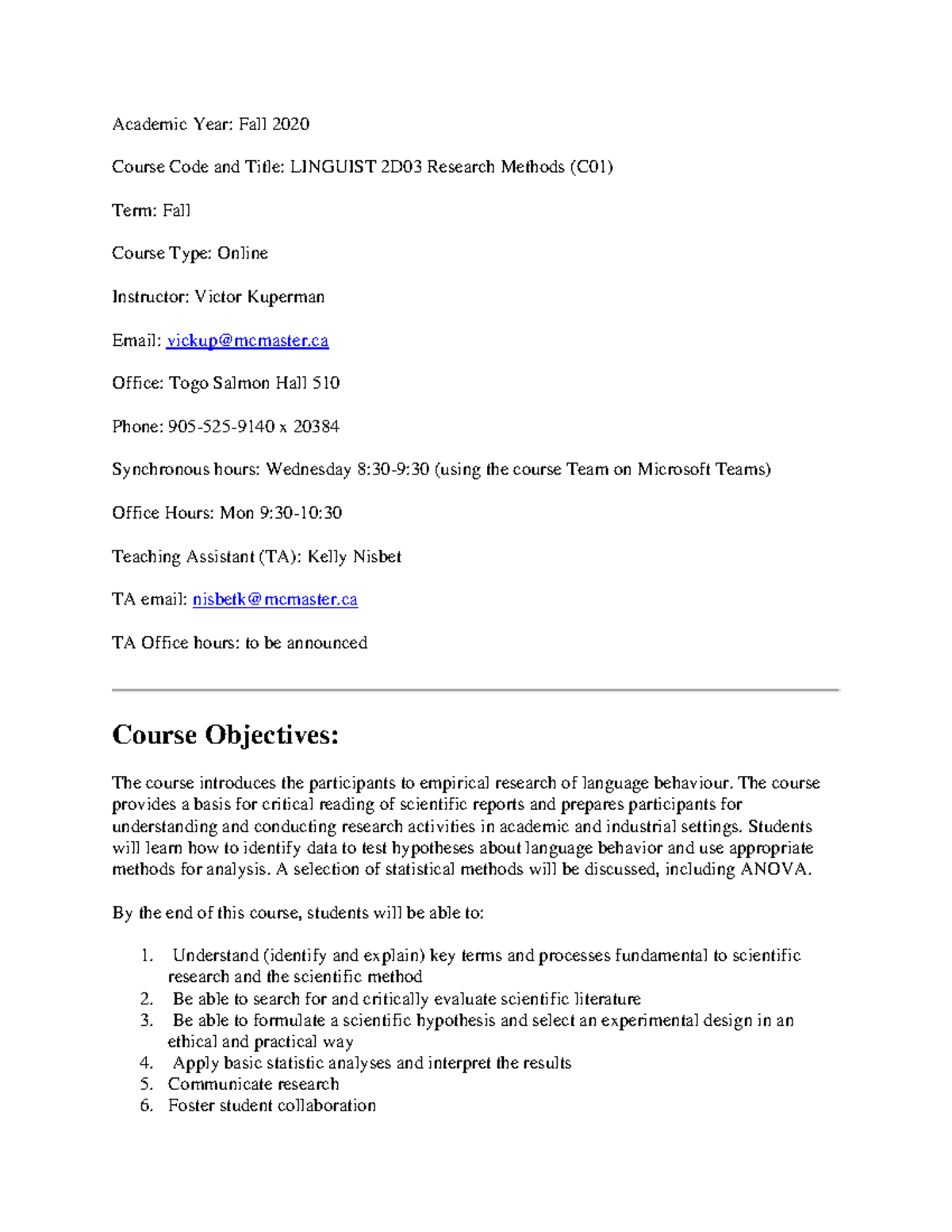 Course outline published - Academic Year: Fall 2020 Course Code and ...