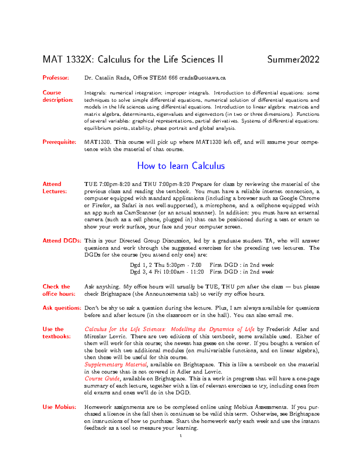 Syllabus - MAT 1332X: Calculus for the Life Sciences II Summer ...