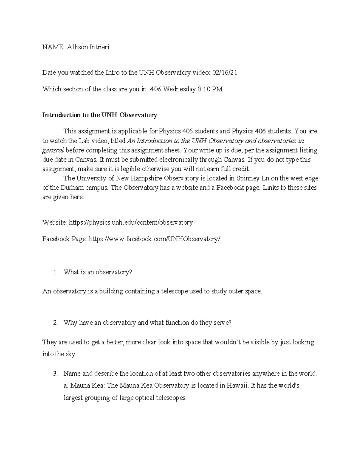 Lab - UNH Observatory - PHYS 406 - UNH - Studocu