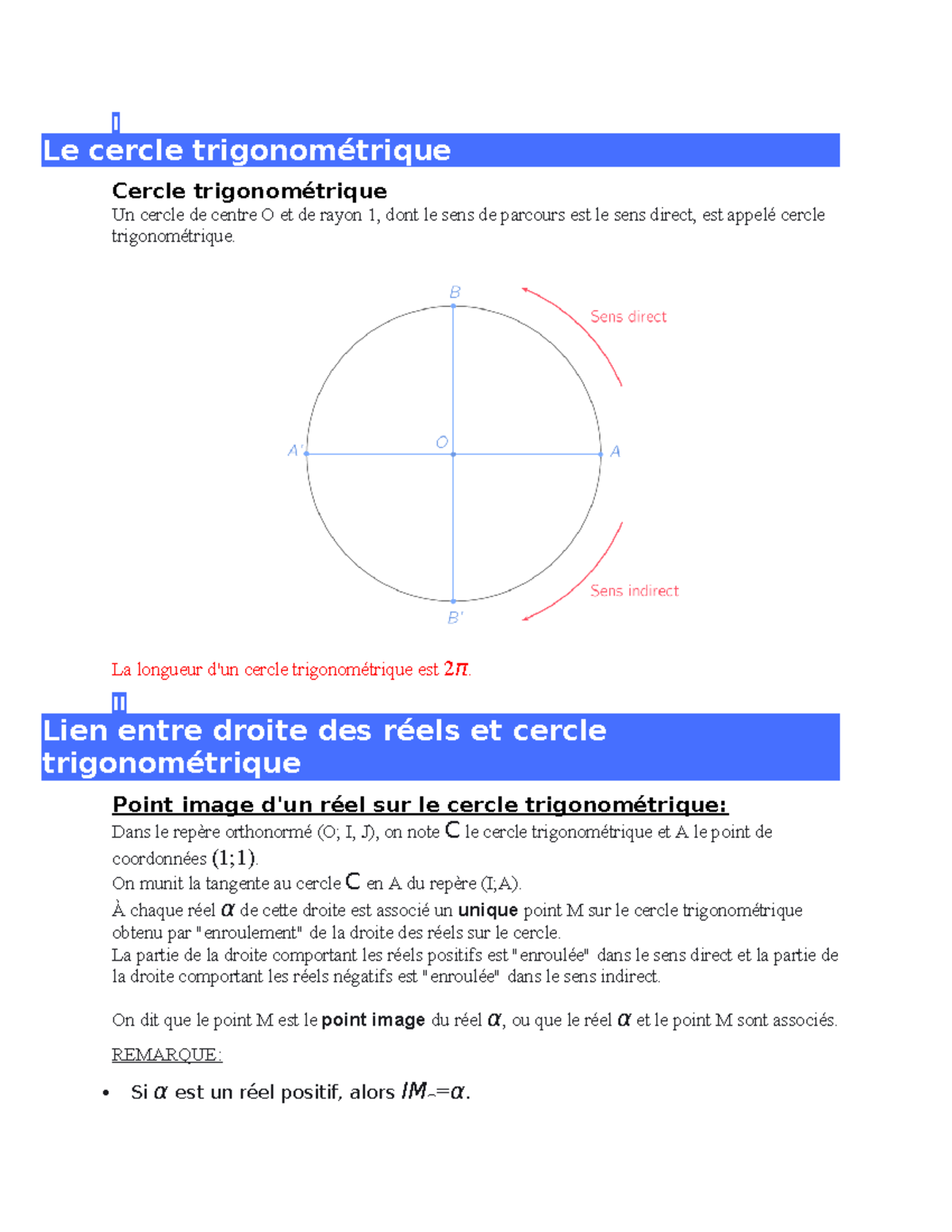 Trigo S1 - I Le cercle trigonométrique Cercle trigonométrique Un cercle ...