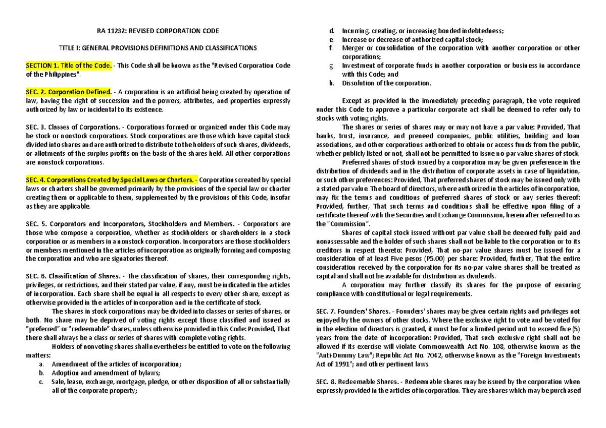 Codal Revised Corporation Code - RA 11232: REVISED CORPORATION CODE TITLE I: GENERAL PROVISIONS ...