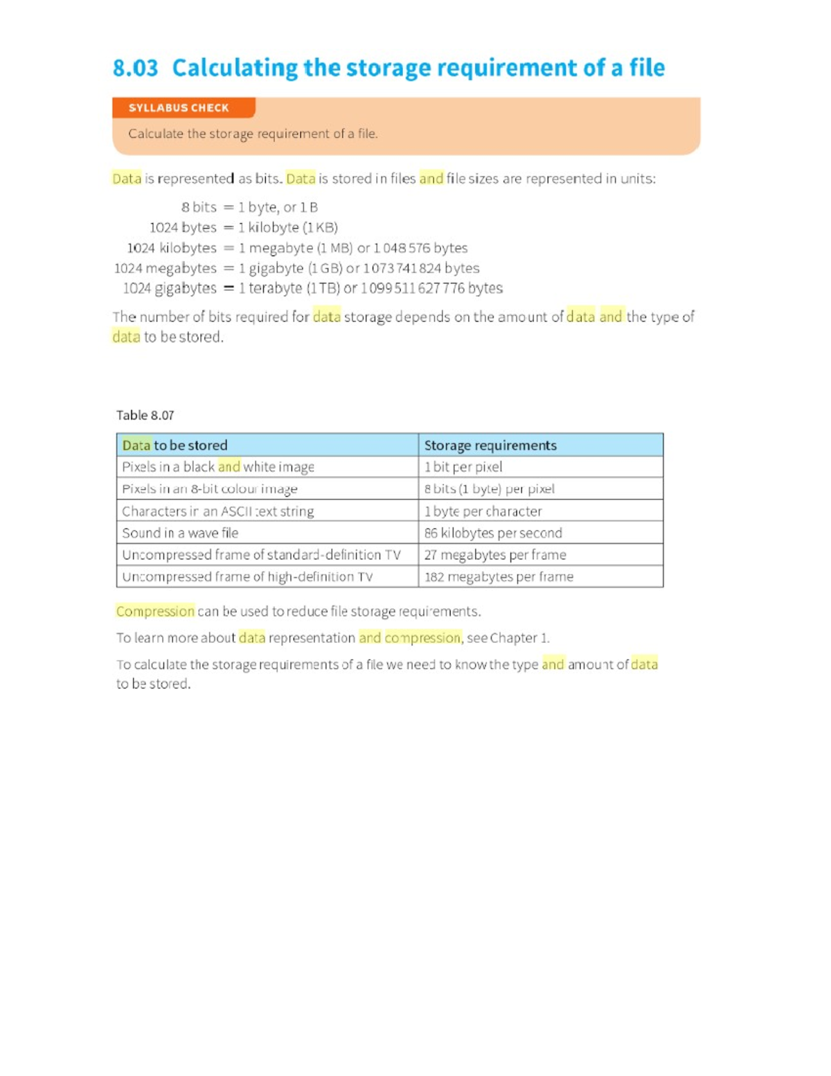 1.1.3 b. Calculating file sizes - 8 Calculating the storage requirement ...