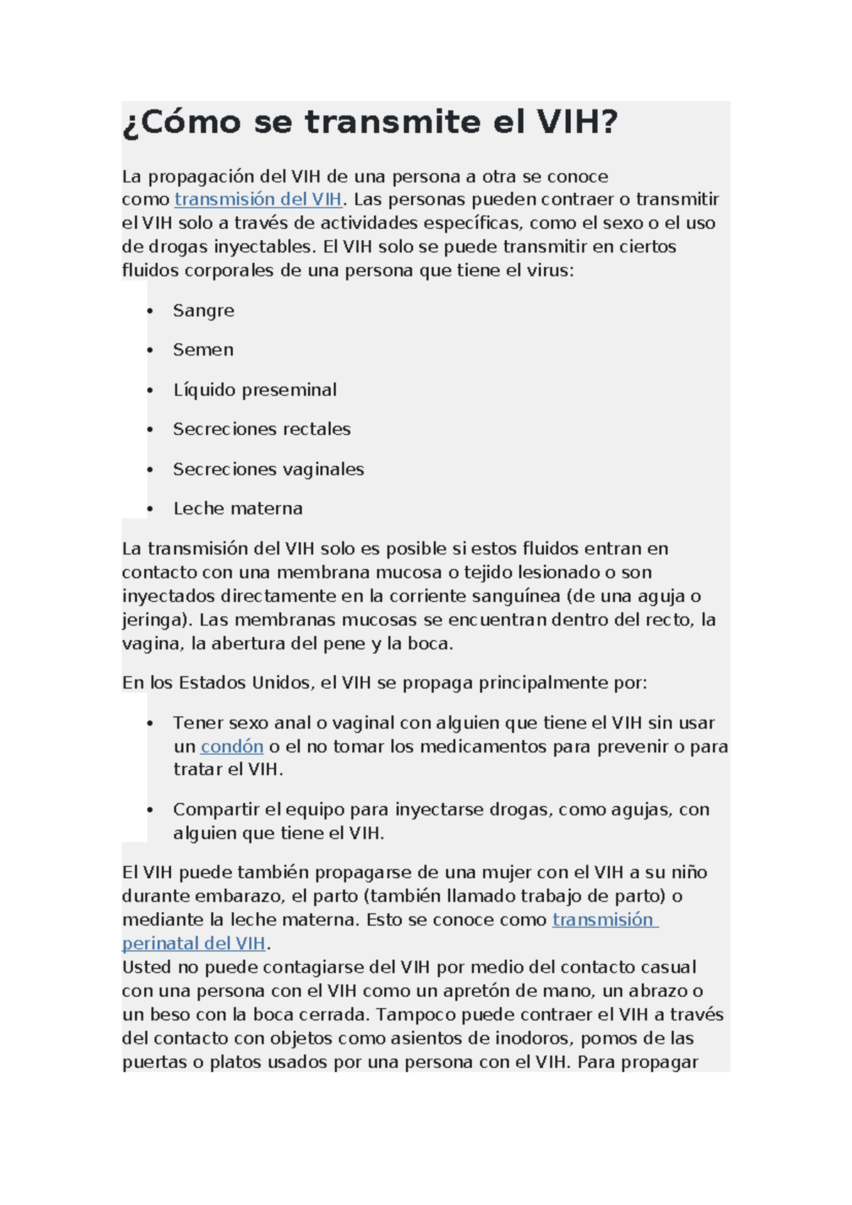 Ideas primarias sobre el VIH - ¿Cómo se transmite el VIH? La ...