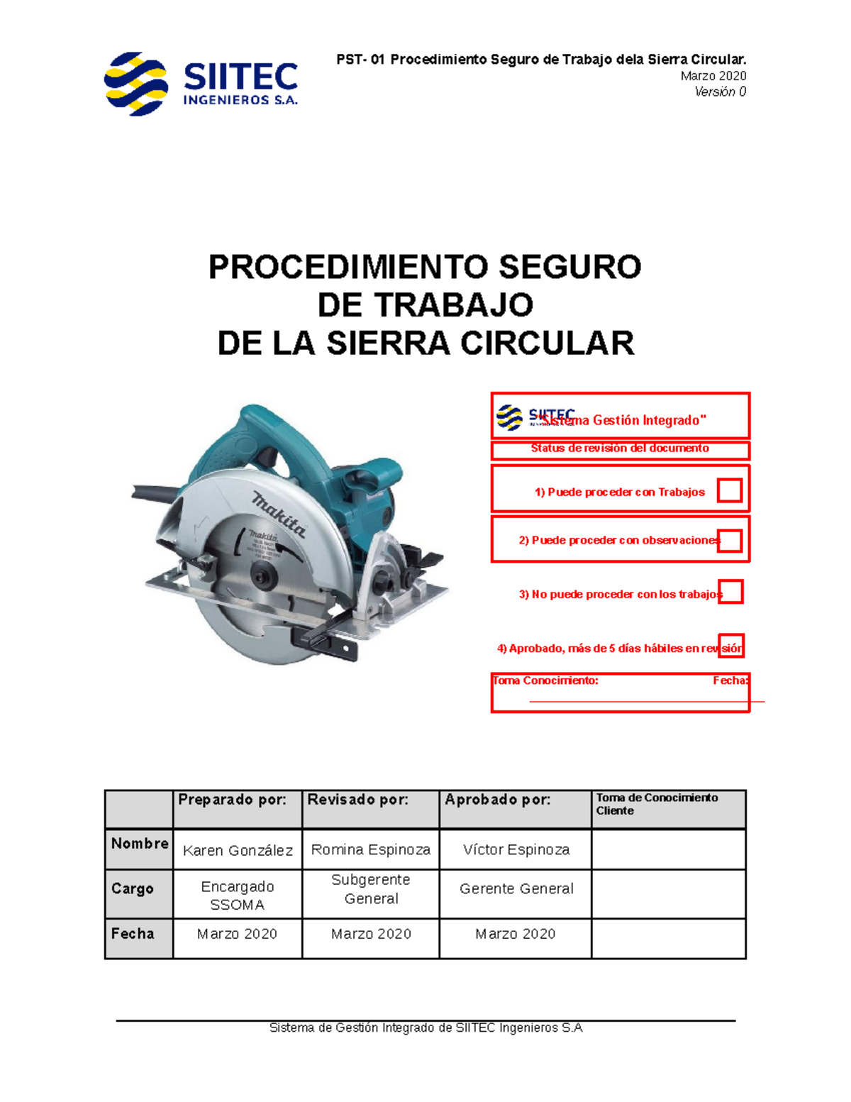 PST- 02 Procedimiento Seguro de Trabajo de Sierra Circular V - Marzo 2020 Versión 0 No puede ...