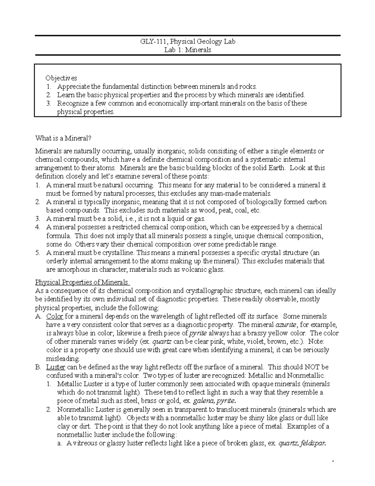 Lab1 GLY111 - GLY-111, Physical Geology Lab Lab 1: Minerals Objectives ...