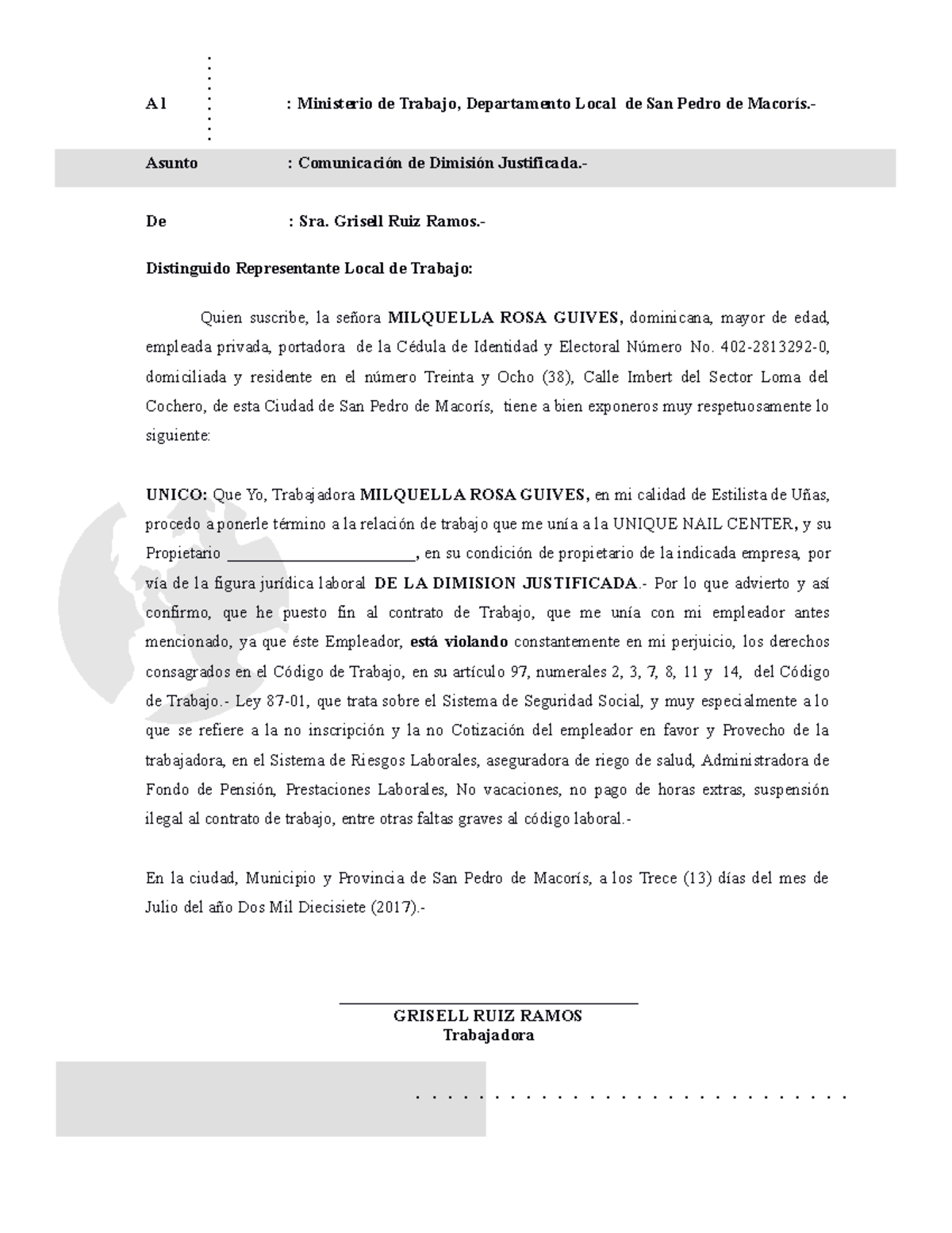 Carta DE Dimision milquella antony - A l : Ministerio de Trabajo ...