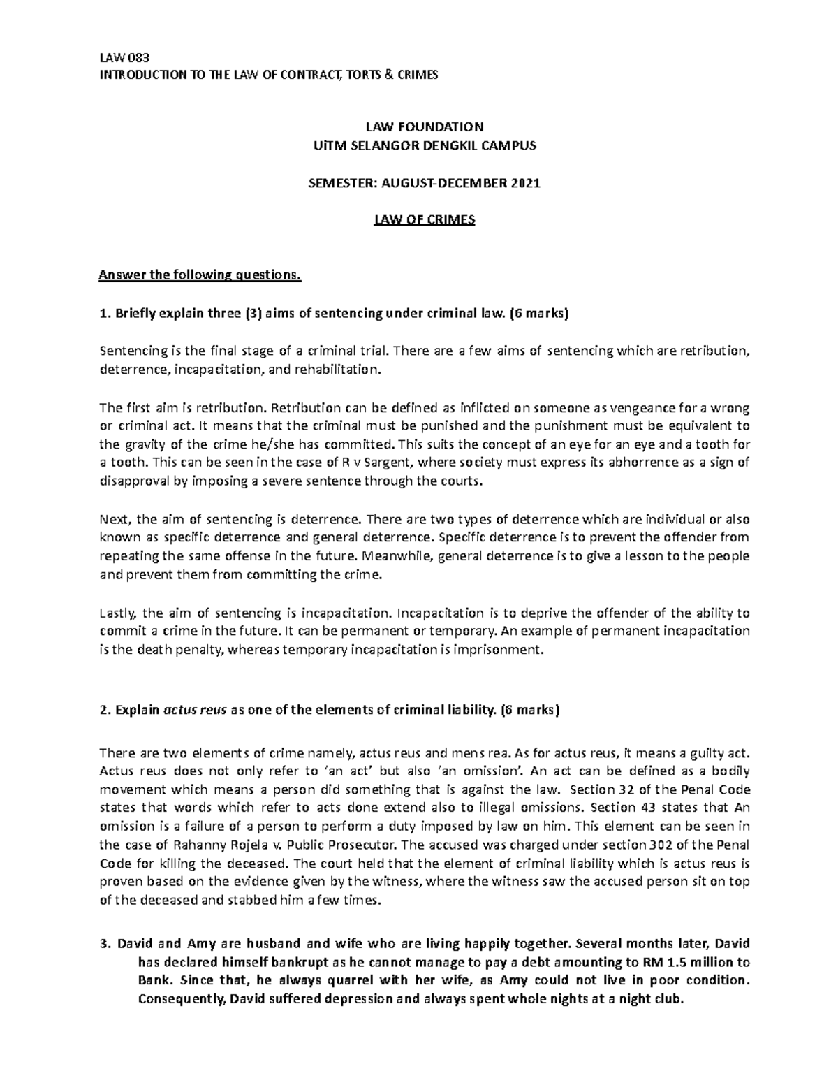 Tutorial 8 law083 the law of contract,torts and crimes - LAW 083 INTRODUCTION TO THE LAW OF ...