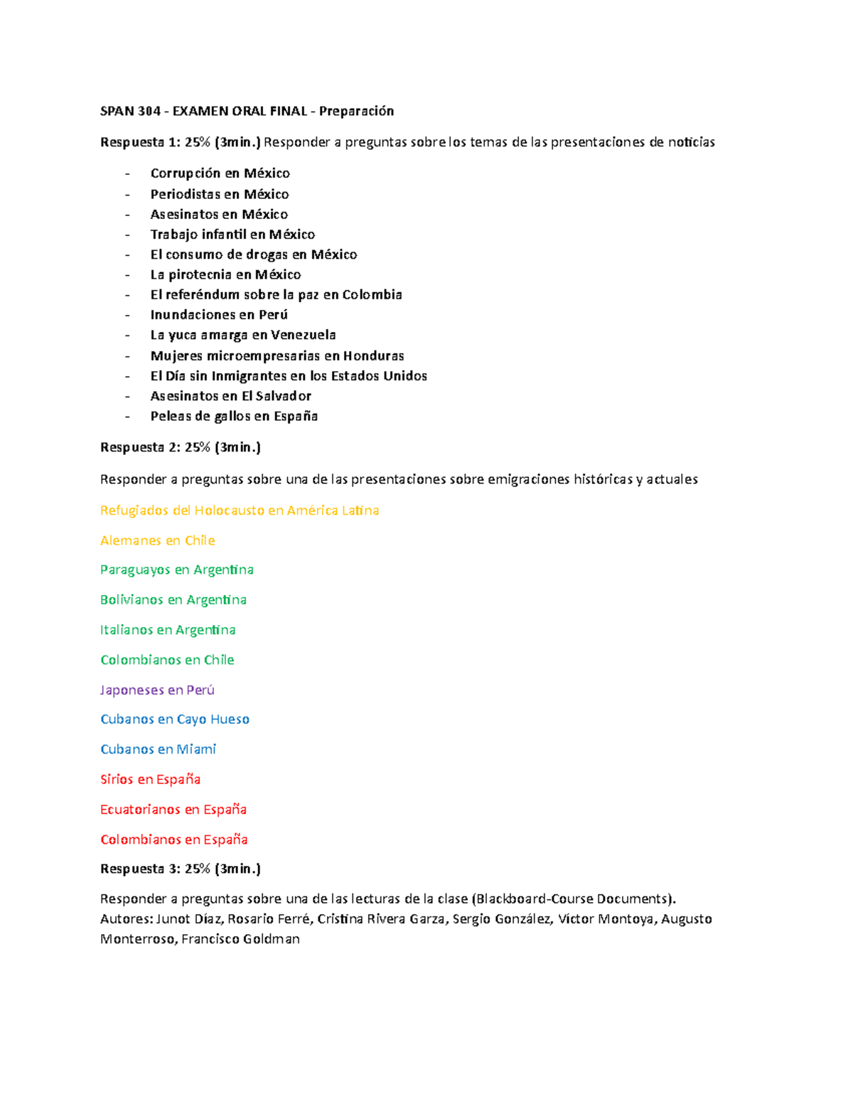 Examen ORAL Final - Preparación - SPAN 304 EXAMEN ORAL FINAL ...
