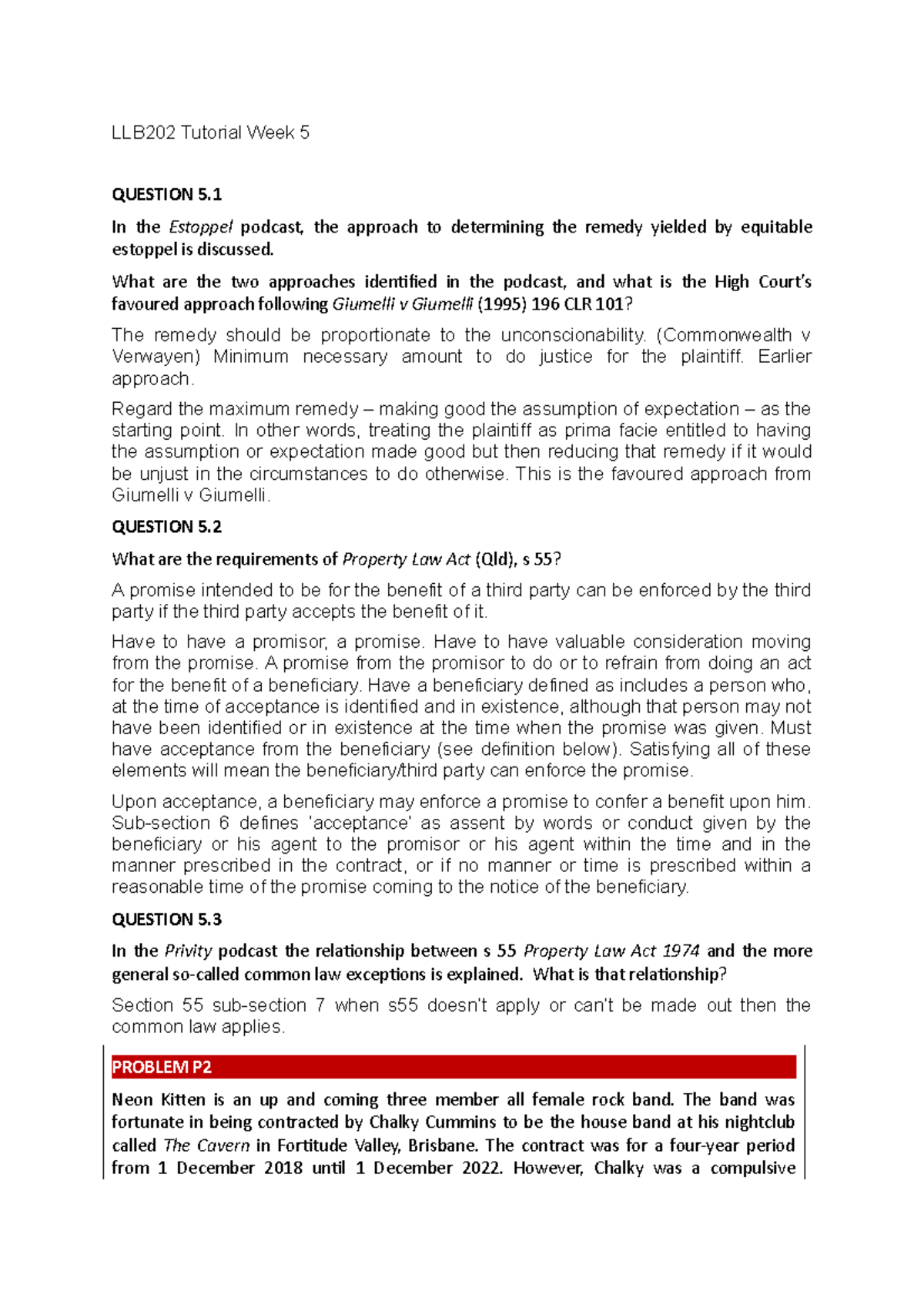 LLB202 Tutorial Week 5 - In the Estoppel podcast, the approach to ...