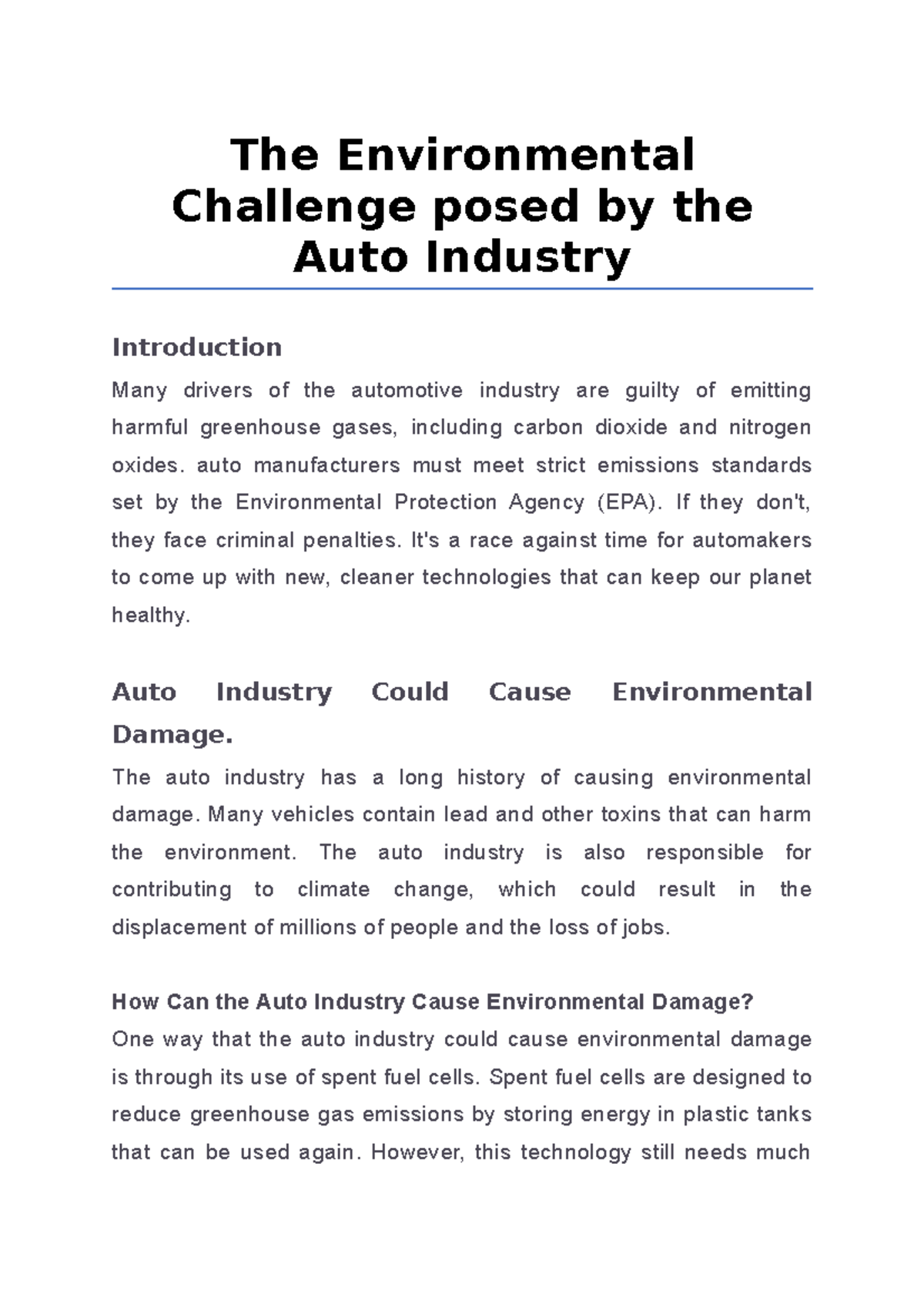The Environmental Challenge posed by the Auto Industry - The ...