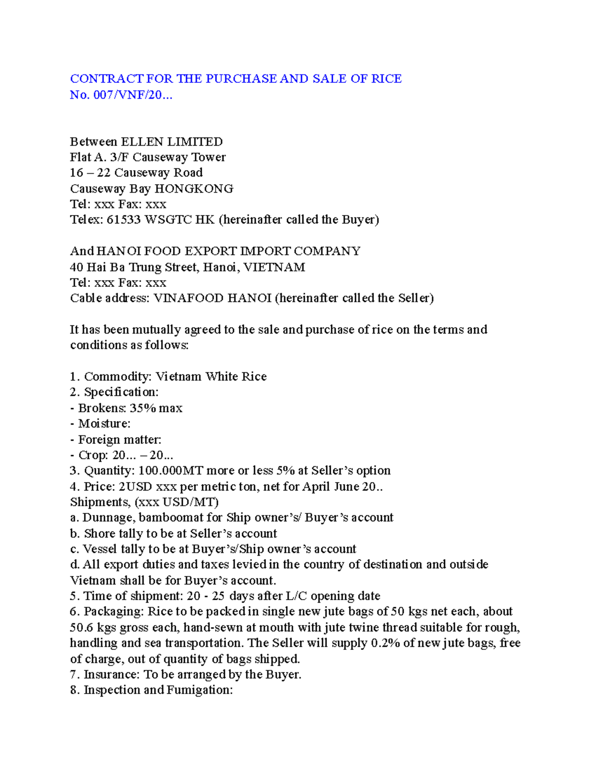 Contract FOR THE Purchase AND SALE OF RICE - CONTRACT FOR THE PURCHASE ...