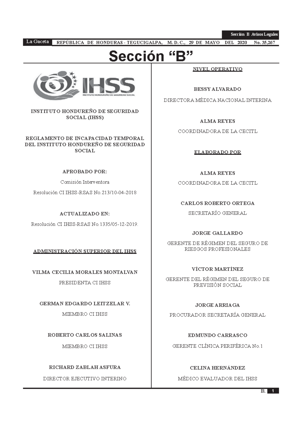 Reglamento Incapacidad Temporal IHSS - 1 La Gaceta REPÚBLICA DE HONDURAS - TEGUCIGALPA, M. D. C ...