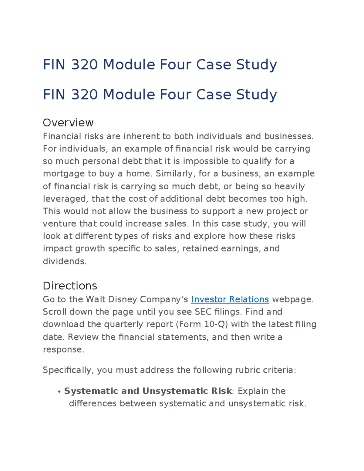 FIN 320 Module Four Case Study - FIN 320 Module Four Case Study FIN 320 Module Four Case Study ...