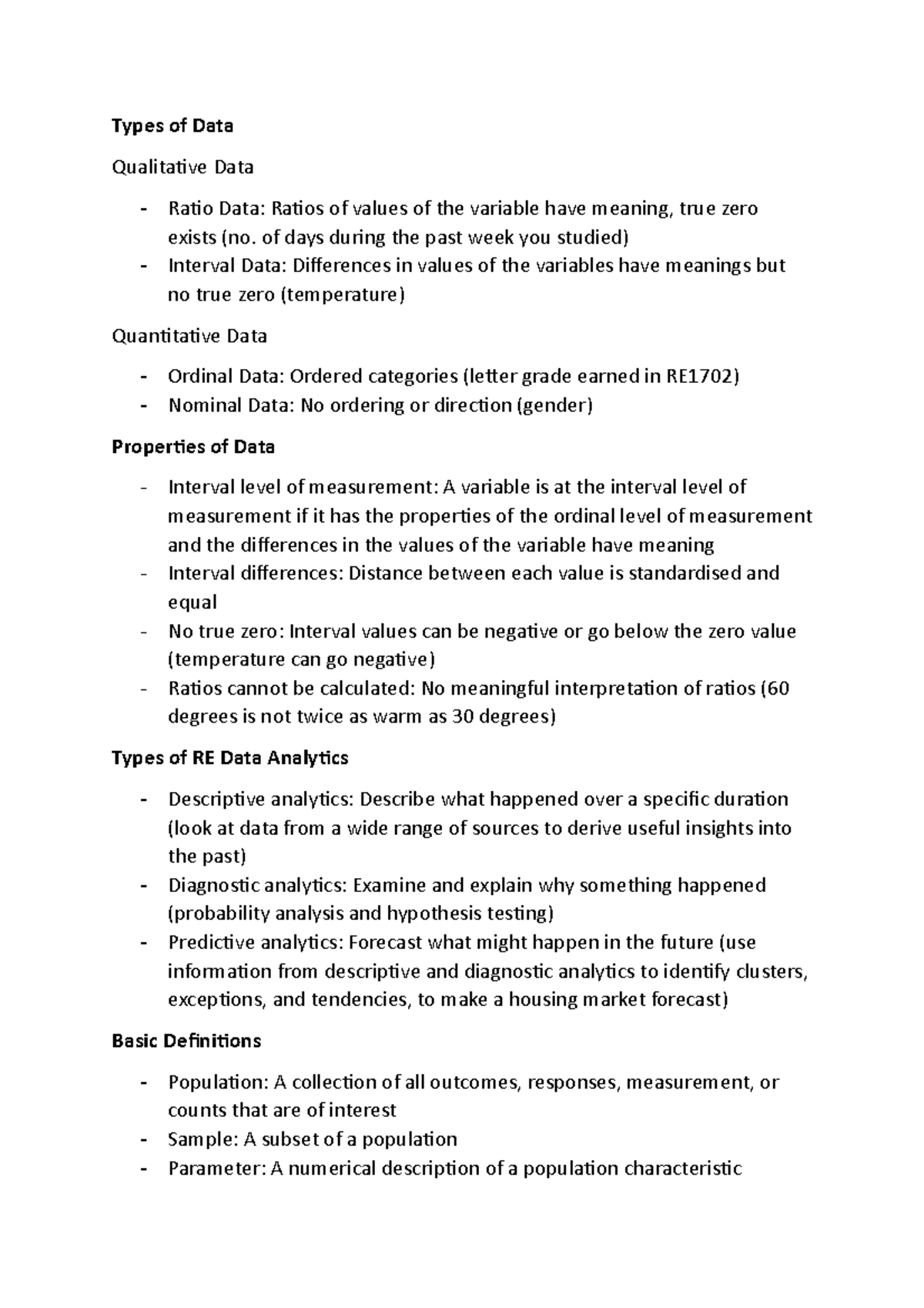 RE1702 Cheat Sheet - Types of Data Qualitative Data Ratio Data: Ratios ...
