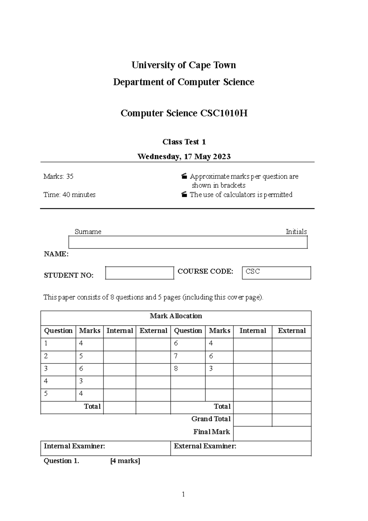 CSC1010H Class Test 1 2023 questions - University of Cape Town ...