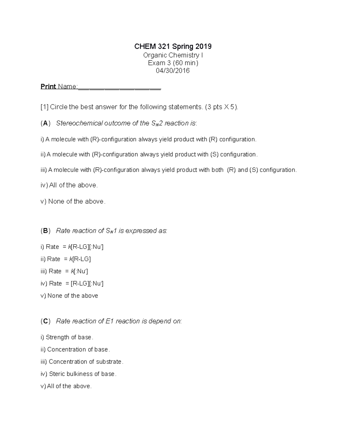 organic chem practice exam - CHEM 321 Spring 2019 Organic Chemistry I ...