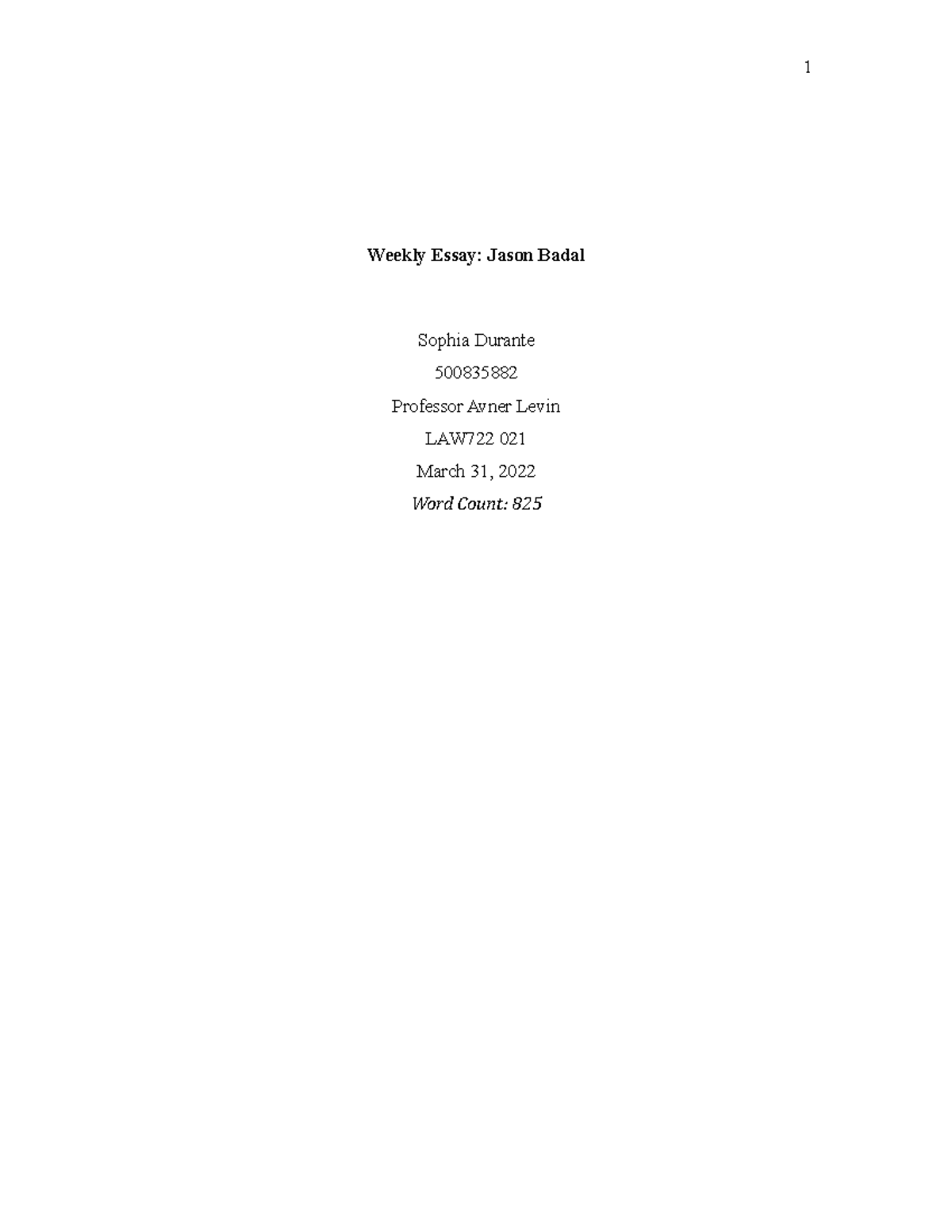 Weekly Essay - Jason Badal (WEEKLY ESSAY) - LAW 122 - Toronto Met - Studocu