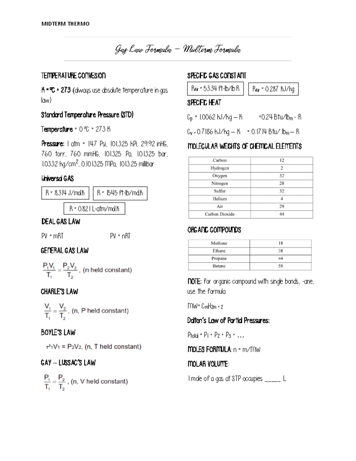 Ideal-GAS LAW Formula - A4 - MIDTERM THERMO Gas Law Formula – Midterm ...