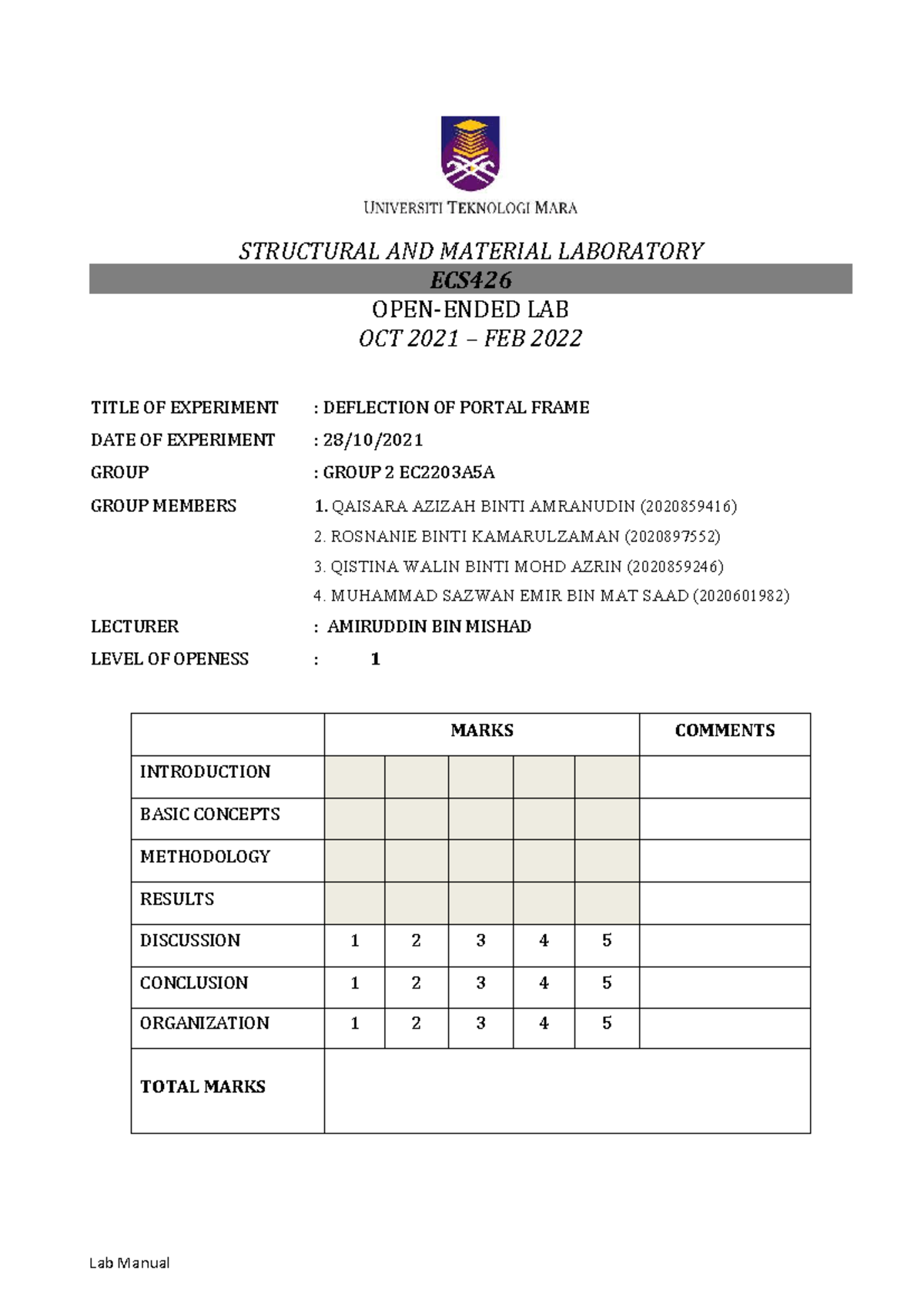 7 Deflection OF Portal Frame lab 3 - Structures And Materials ...