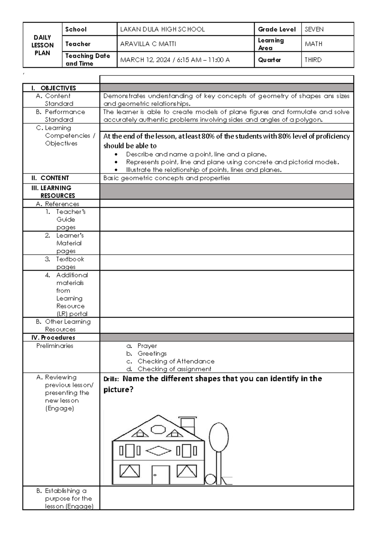 Point Jlineandplane Matti DLP - , I. OBJECTIVES A. Content Standard ...