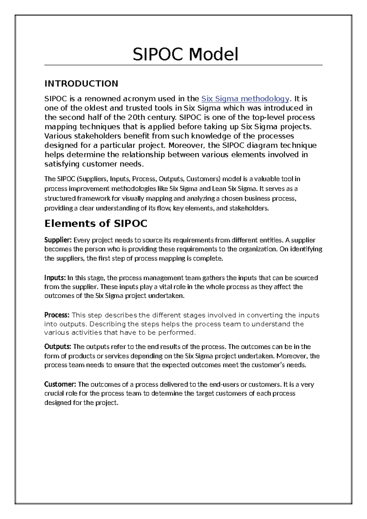 Sipoc Model - Summary Operations Management - Group Work - SIPOC Model ...