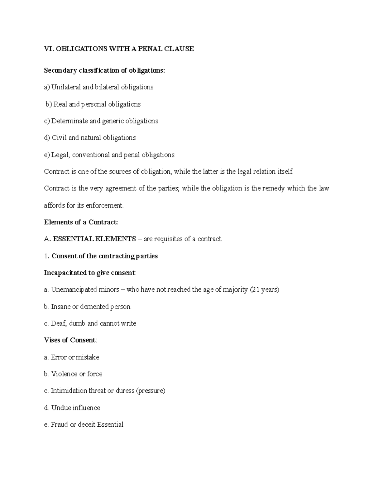 Reviewer ME LAWS 3 - VI. OBLIGATIONS WITH A PENAL CLAUSE Secondary ...