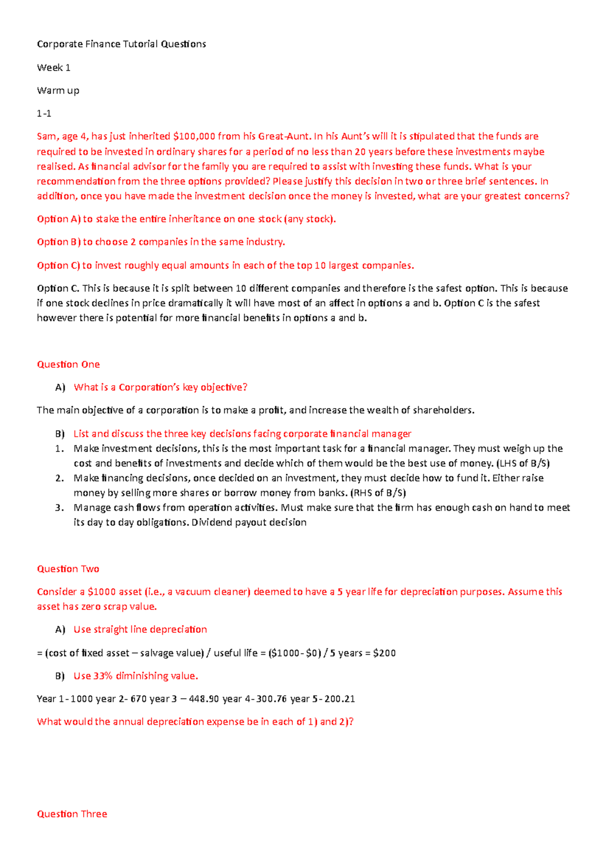 Corporate Finance Tutorial Questions - MBA5905 - Monash - Studocu