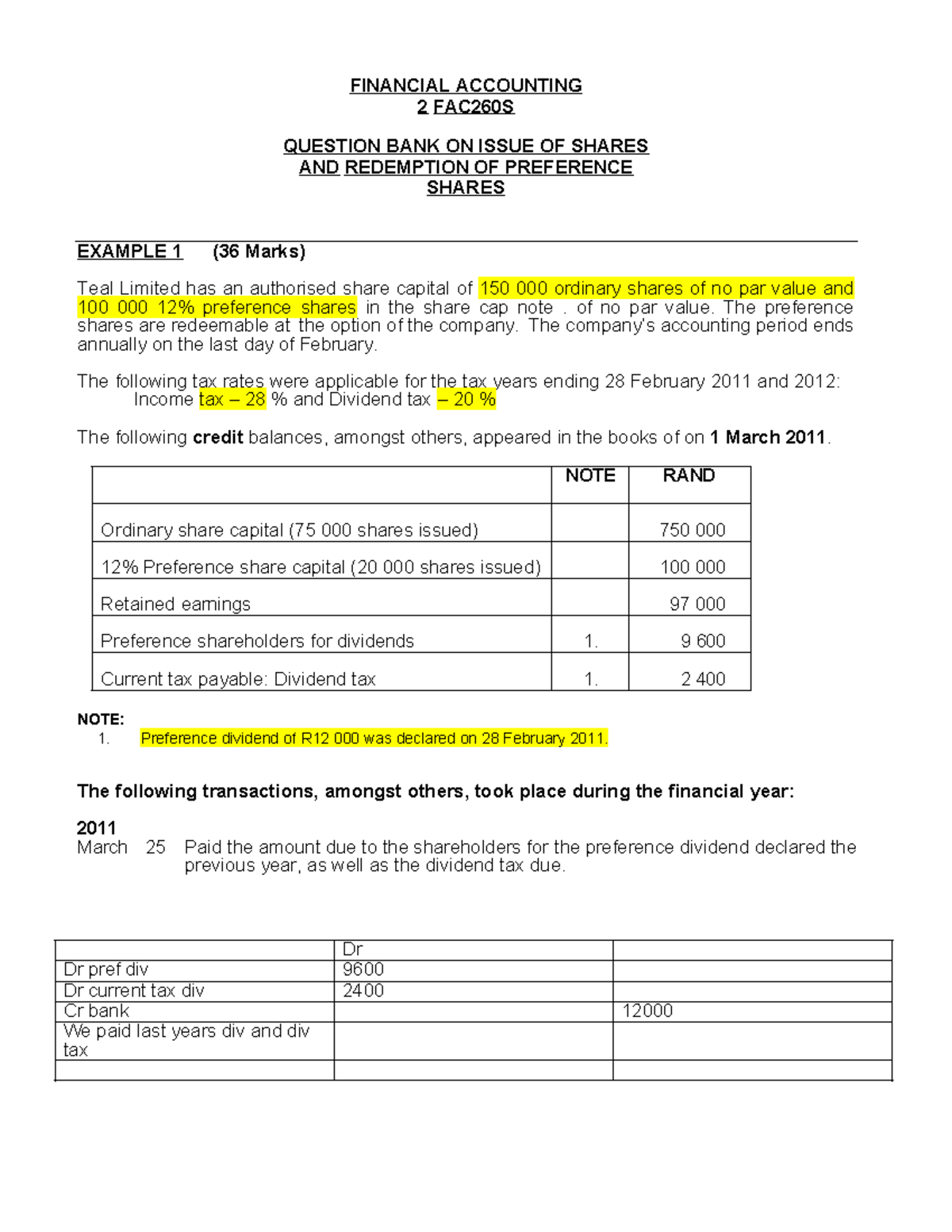 Share Capital Question Bank update - FINANCIAL ACCOUNTING 2 FAC260S ...