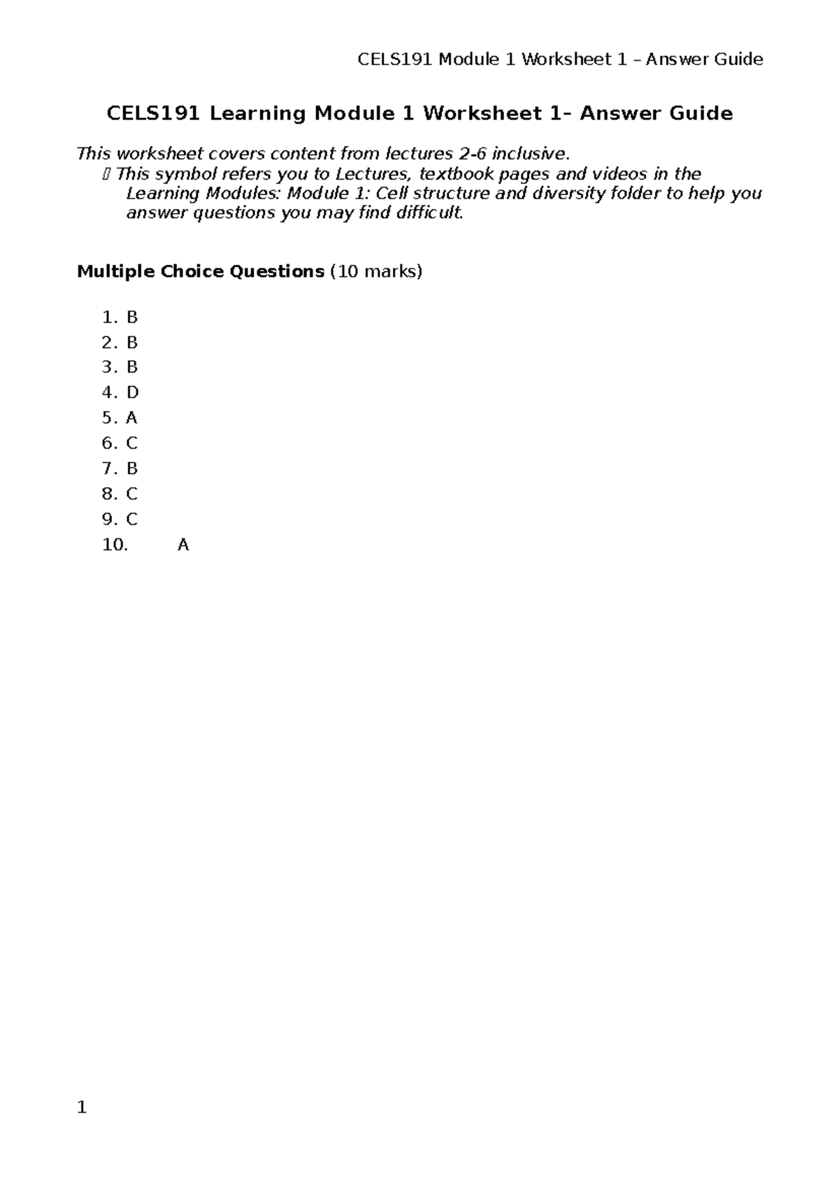 Worksheet 1.1 answers - for end of semester exam - CELS191 Learning Module 1 Worksheet 1– Answer ...