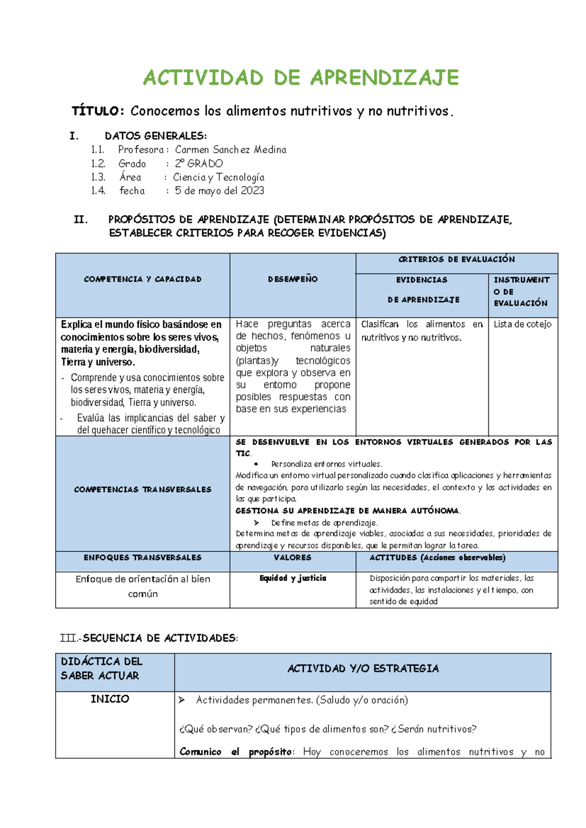 Sesion alimentos nutritivos - ACTIVIDAD DE APRENDIZAJE TÍTULO ...