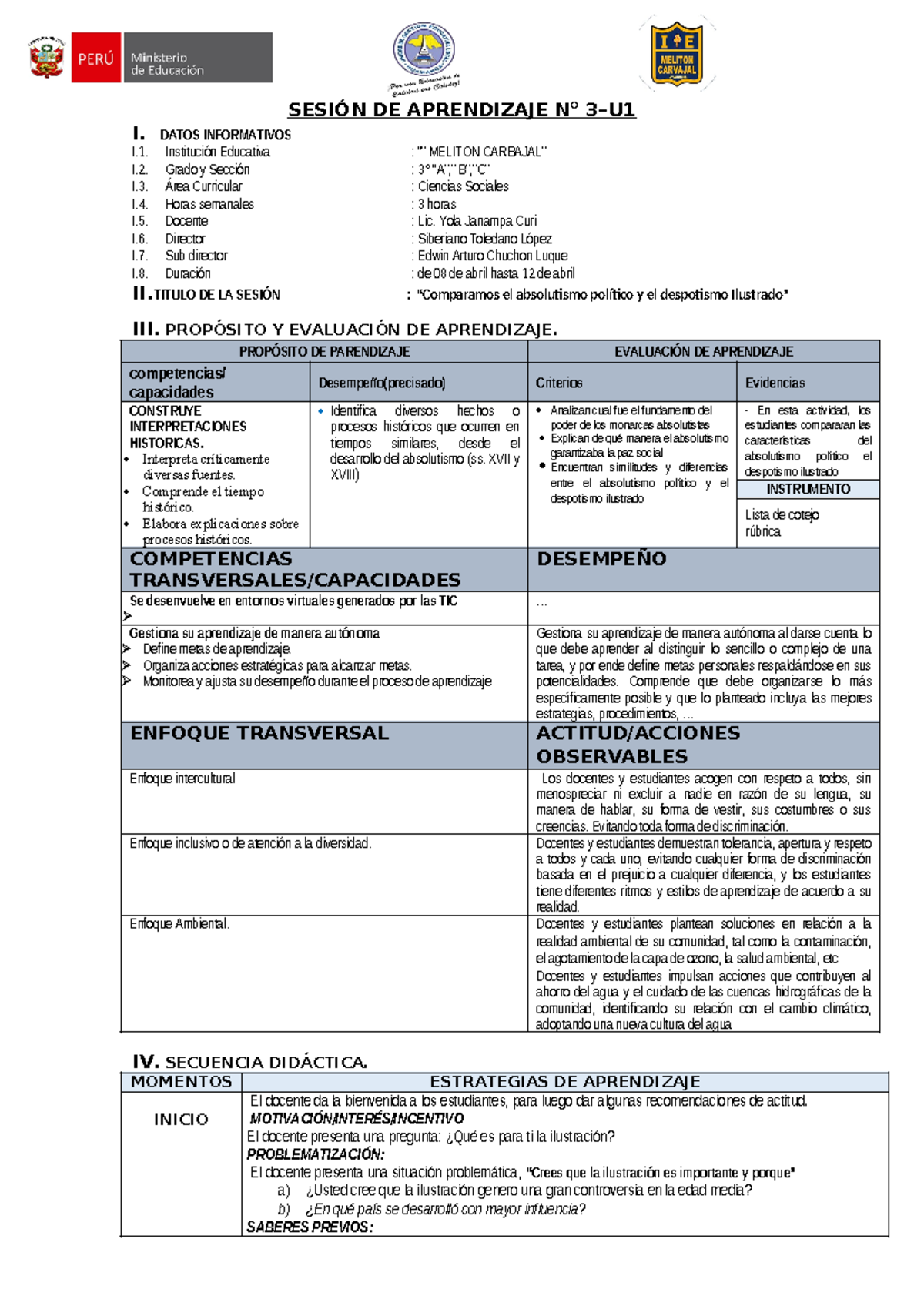 Sesion CCSS 3° SEC- Semana 03 - SESIÓN DE APRENDIZAJE N° 3–U I. DATOS INFORMATIVOS I ...