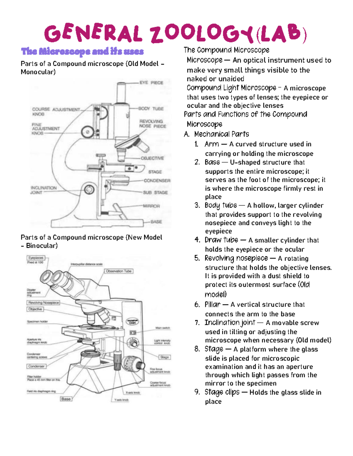 Lesson 1 - Parts of a Compound microscope (Old Model – Monocular) - The ...