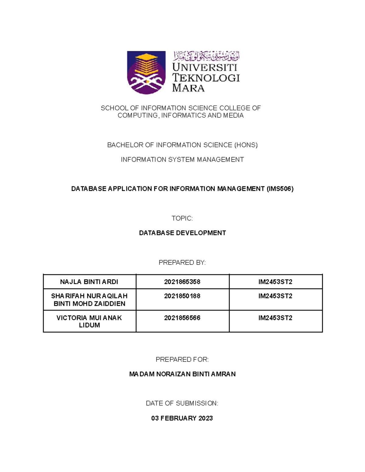 Database Development ( Group Project) - SCHOOL OF INFORMATION SCIENCE ...