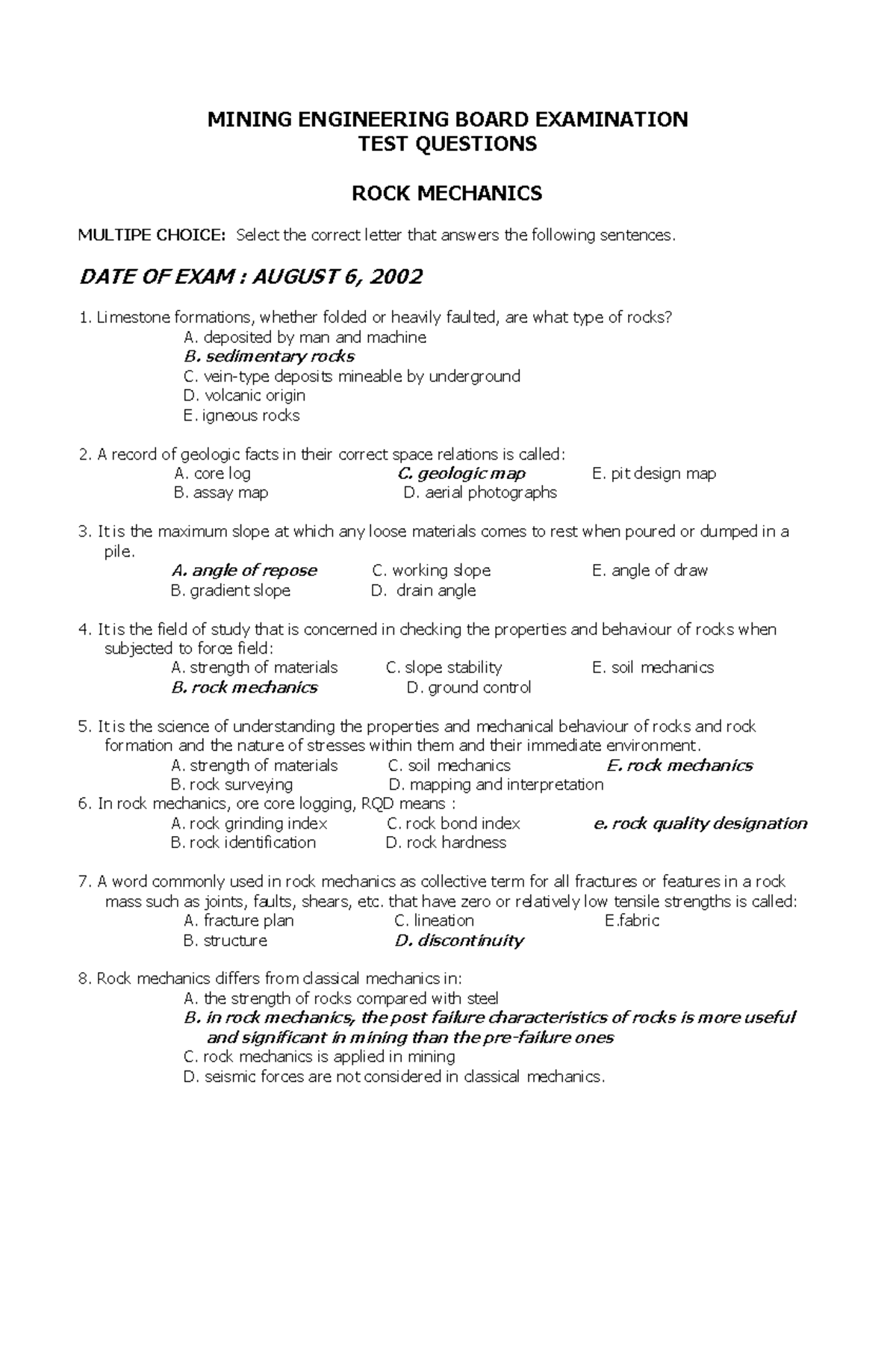 Rock Mechanics Reviewer 2002 - MINING ENGINEERING BOARD EXAMINATION ...