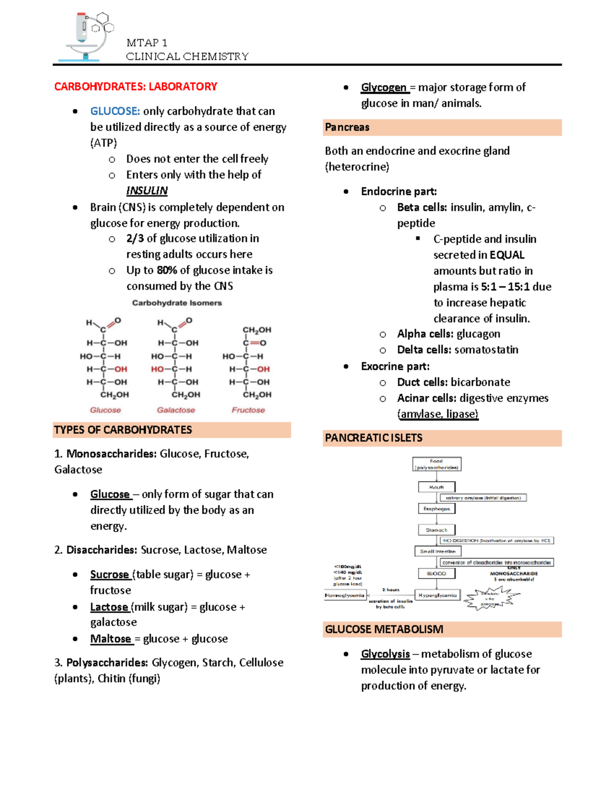 Carbohydrates-Lab - Review Notes - CLINICAL CHEMISTRY CARBOHYDRATES ...