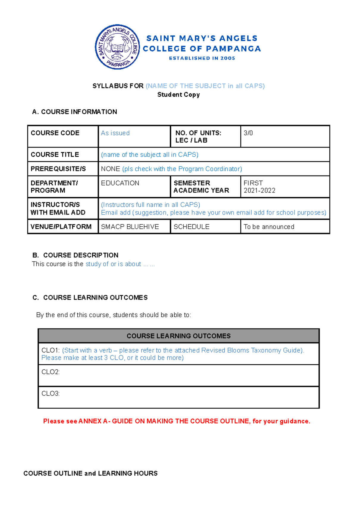 Smacp College Syllabus Format JULY 2021 - SYLLABUS FOR (NAME OF THE ...