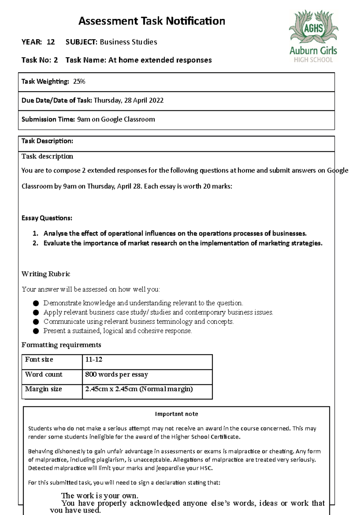 Assessment Task Notification Business studies year 12-3 - Assessment ...