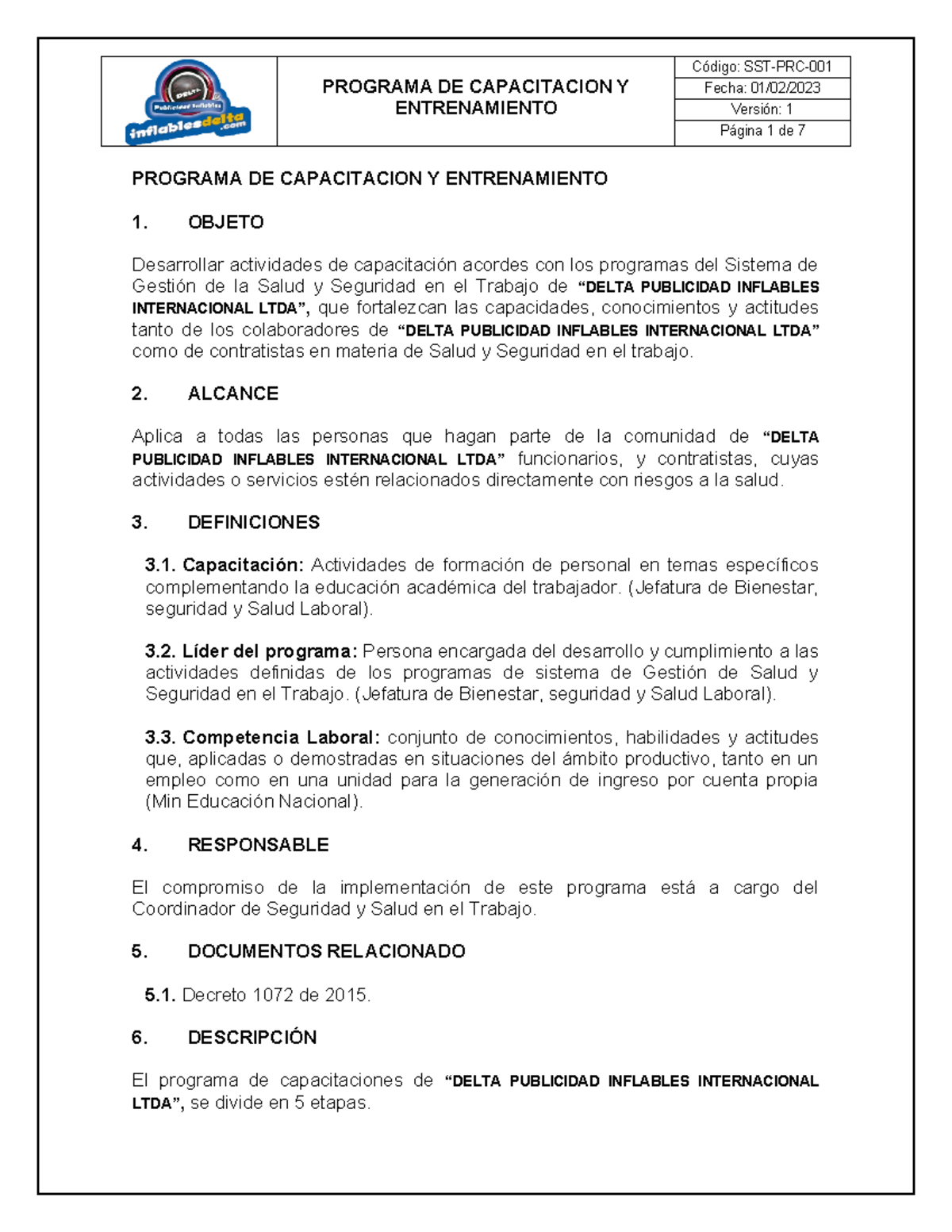 SST-PGR-001 Programa de Capacitación y Entrenamiento - PROGRAMA DE CAPACITACION Y ENTRENAMIENTO ...