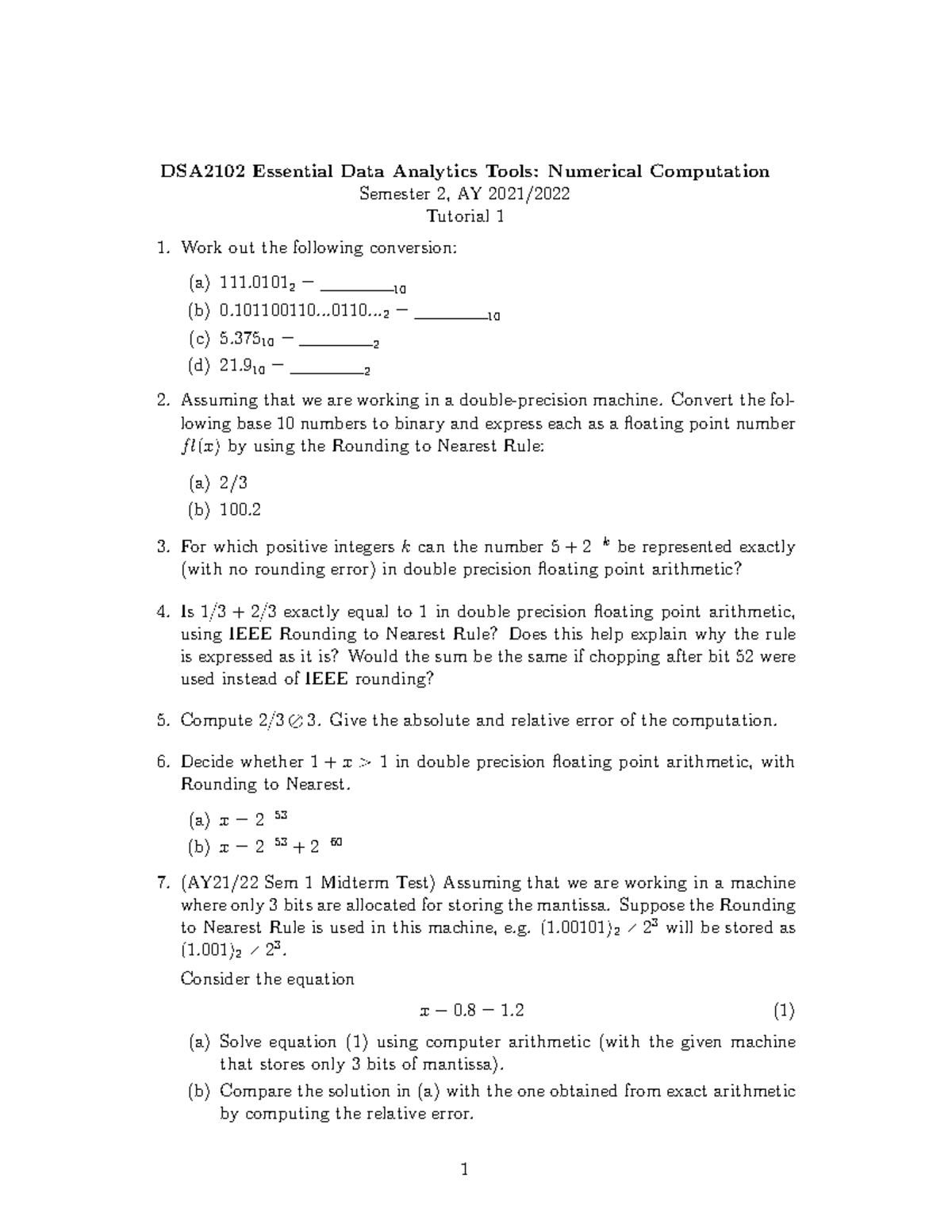 Tut1 - nil - DSA2102 Essential Data Analytics Tools: Numerical Computation Semester 2, AY 2021 ...